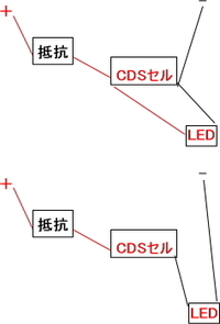 cdsセルを使ってLEDを光らせる回路の作り方で画像の上の様な感じに繋ぐ... - Yahoo!知恵袋