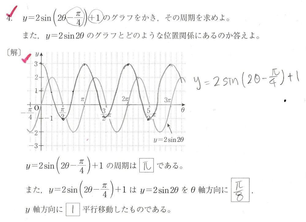 M136b 三角関数のグラフy＝2sin 2θ－π 4 ＋1のグラフがど Yahoo 知恵袋